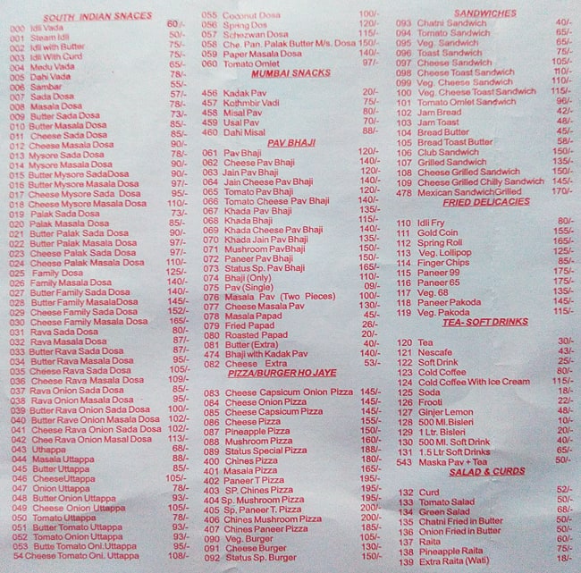 Menu of Status, Borivali West, Mumbai