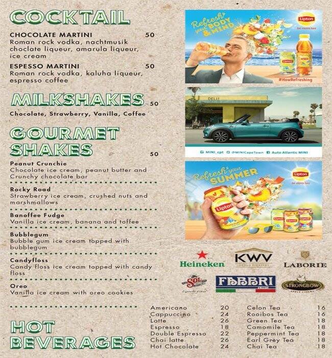 Menu at Mynt Cafe, Cape Town
