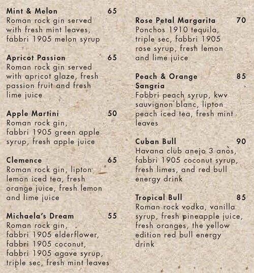 Menu at Mynt Cafe, Cape Town