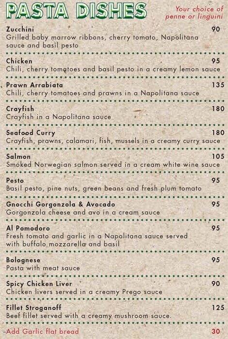 Menu at Mynt Cafe, Cape Town
