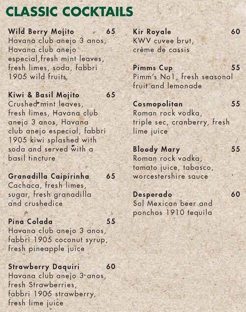 Menu at Mynt Cafe, Cape Town
