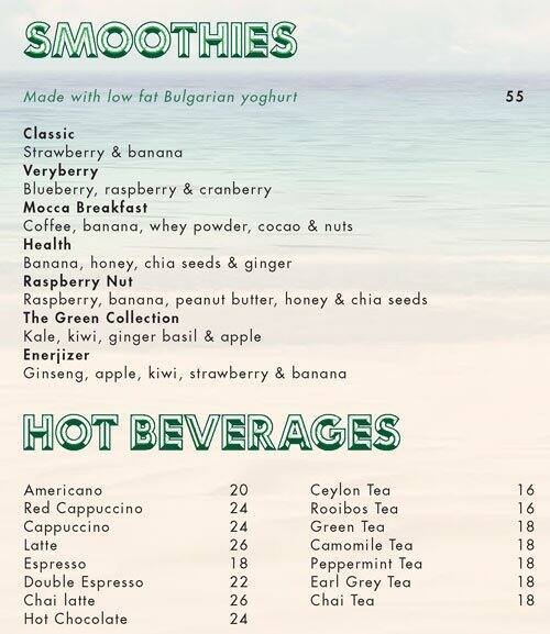 Menu at Mynt Cafe, Cape Town