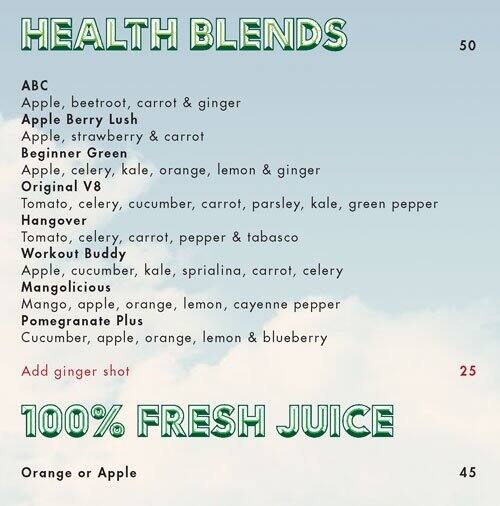 Menu at Mynt Cafe, Cape Town