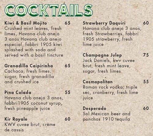 Menu at Mynt Cafe, Cape Town