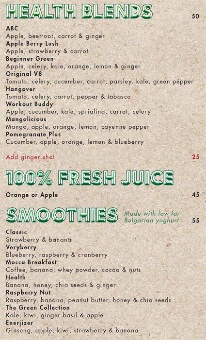 Menu at Mynt Cafe, Cape Town