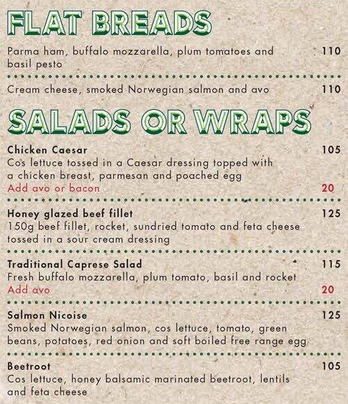 Menu at Mynt Cafe, Cape Town