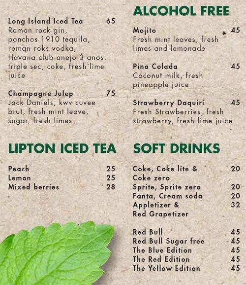 Menu at Mynt Cafe, Cape Town