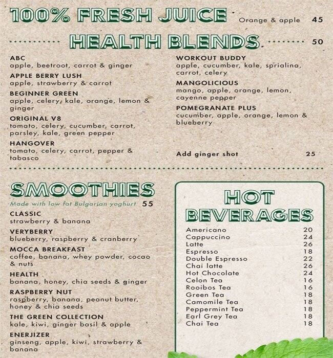 Menu at Mynt Cafe, Cape Town