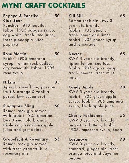 Menu at Mynt Cafe, Cape Town