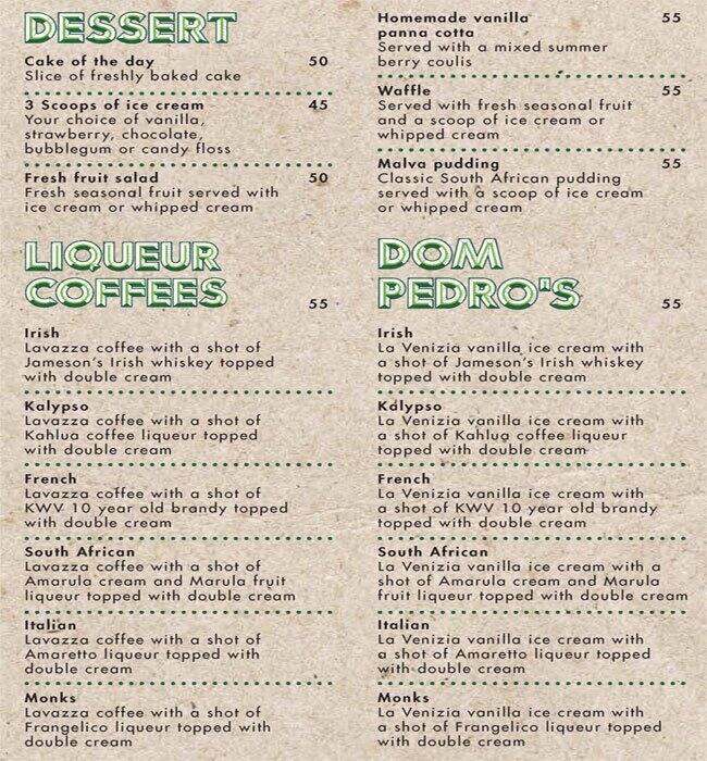 Menu at Mynt Cafe, Cape Town