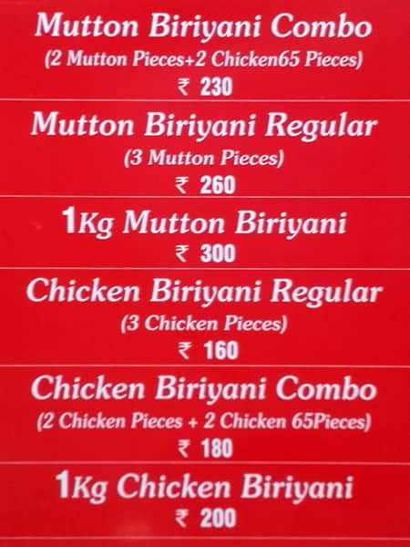 Menu of Karim Biryani, Vepery, Chennai