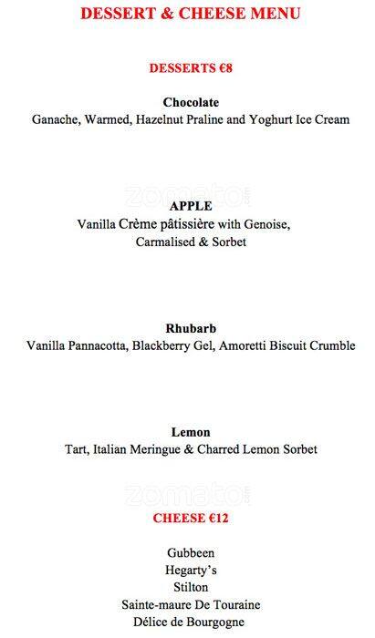 Menu at Marcel's, Dublin, 1 Saint Mary's Road