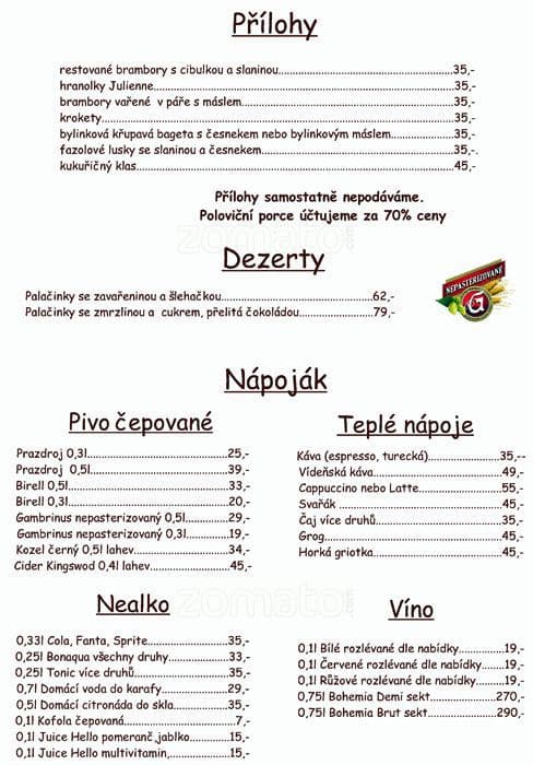 Menu at Restaurace Markéta steakhouse, Prague, Radimova 2322