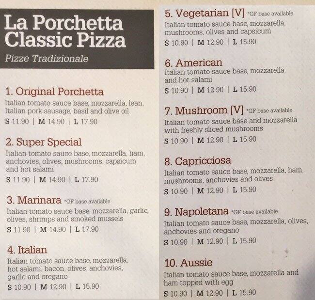 Menu at La Porchetta fast food, Campbellfield