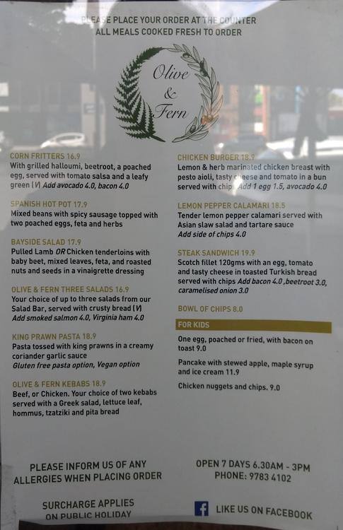 Menu at Olive & Fern Cafe, Frankston