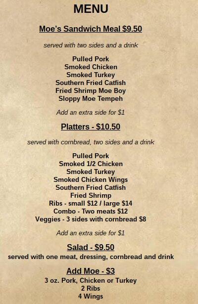 Menu at Moe's Original BBQ, Hendersonville