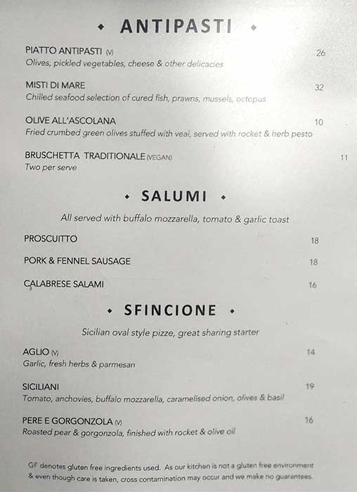 Menu at L'Artigiano Ivanhoe restaurant, Ivanhoe