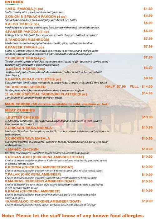 Kutir Indian Restaurant Menu, Menu for Kutir Indian Restaurant ...