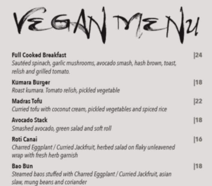 Menu at Kage- Brickworks restaurant, Auckland, 4 Veronica St