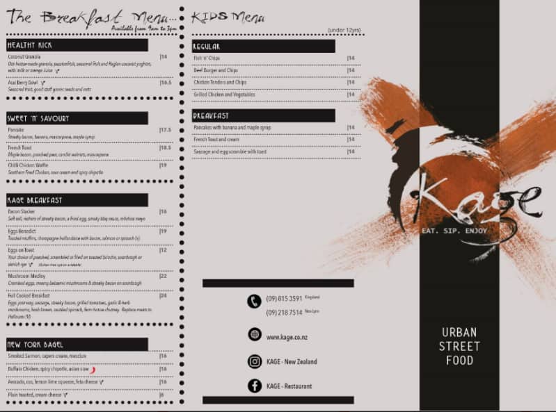 Menu at Kage- Brickworks restaurant, Auckland, 4 Veronica St