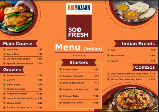 Menu of So Fresh, Rajajinagar, Bangalore