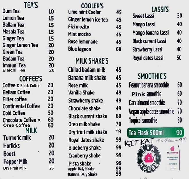 Menu of Tea House, Meerpet, Hyderabad