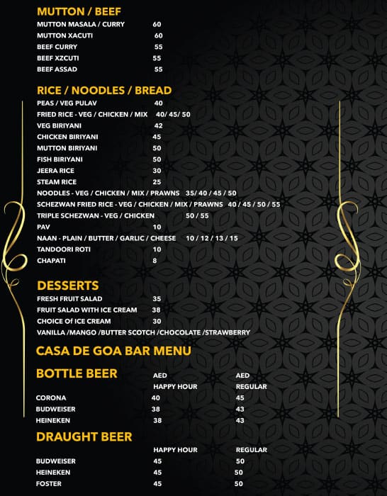 Menu at Casa de Goa Restaurant, Dubai