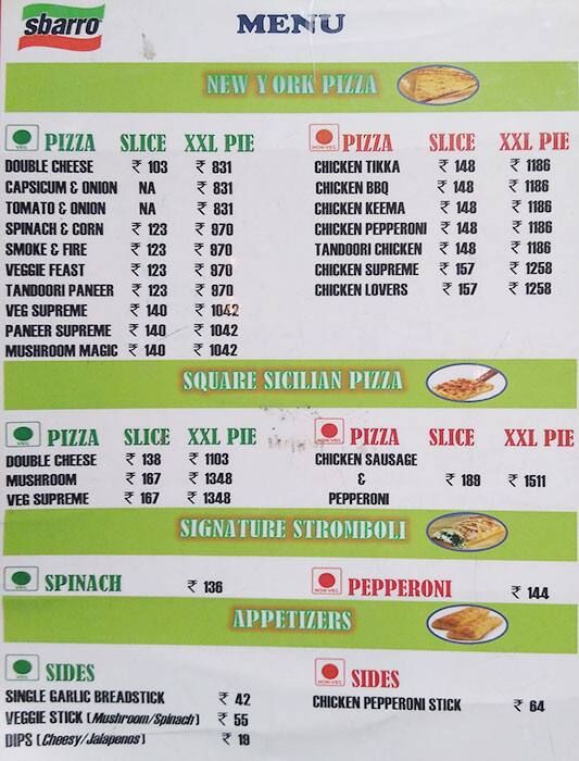 Menu at Sbarro, Bengaluru, Destination Food Court
