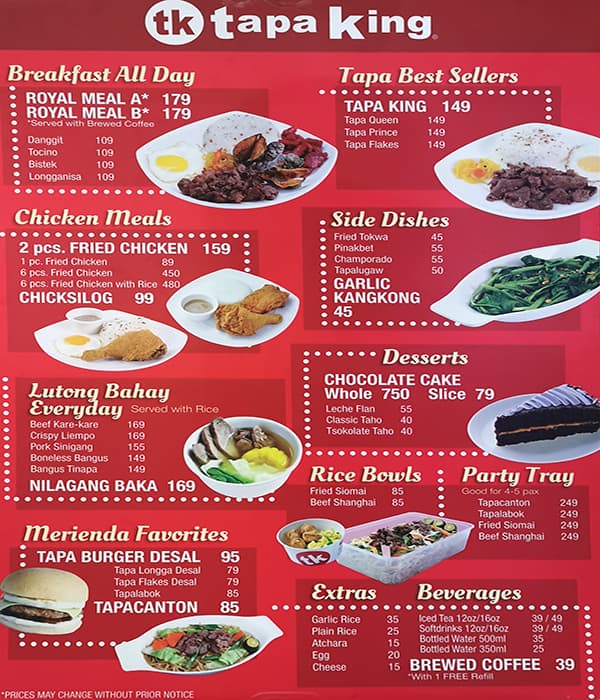 Tapa King Menu, Menu for Tapa King, Salcedo Village, Makati City ...
