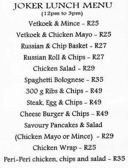 Speisekarte von The Joker Pub & Grill, Roodepoort