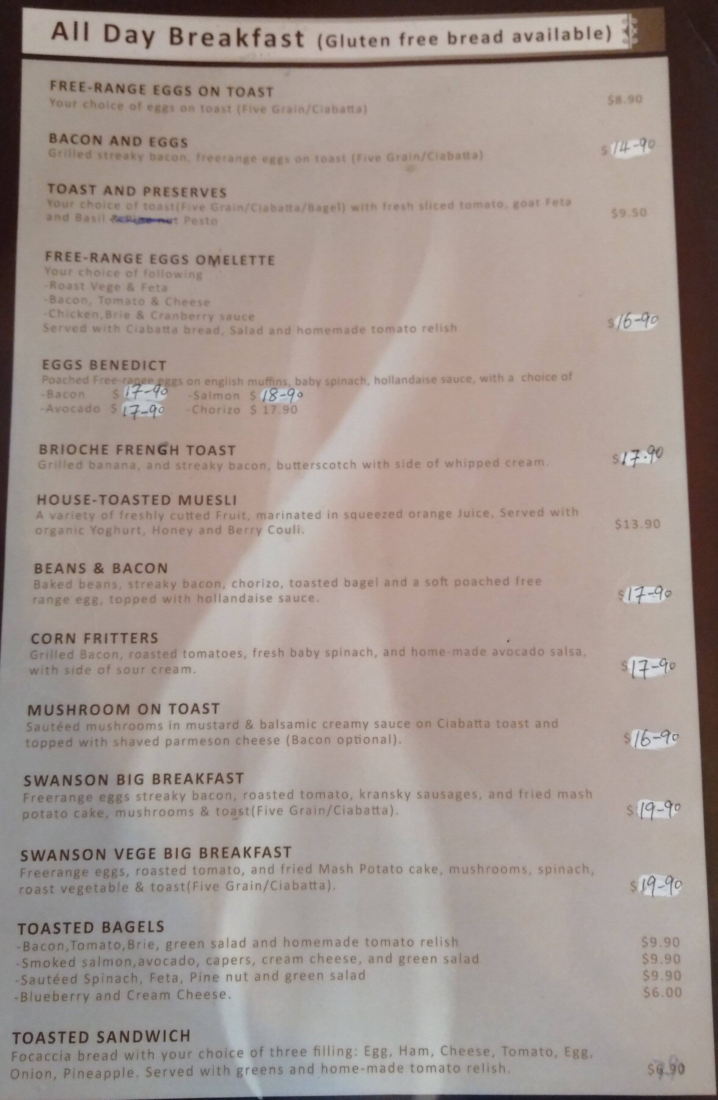 Menu at Swanson Station Cafe, Auckland