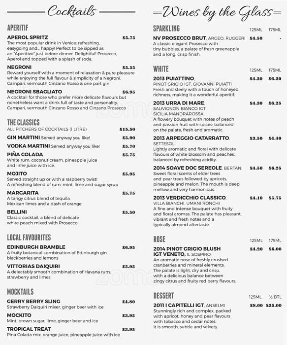 Menu at Vittoria pizzeria, Edinburgh, 19 George IV Bridge