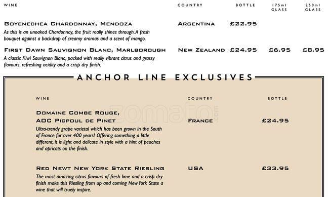 Menu at The Anchor Line steakhouse, Glasgow