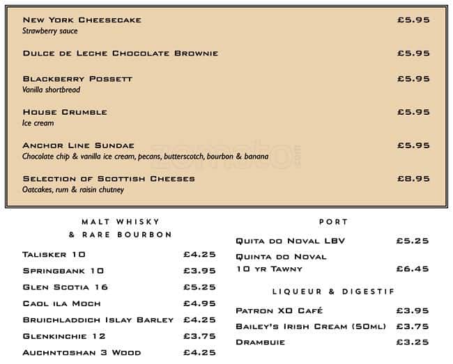 Menu at The Anchor Line steakhouse, Glasgow