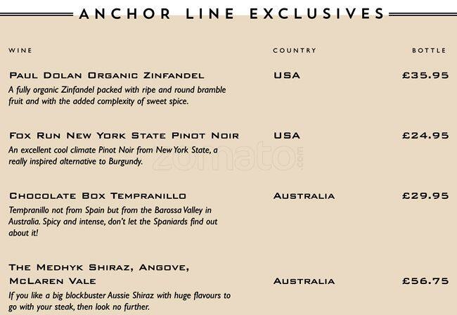 Menu at The Anchor Line steakhouse, Glasgow