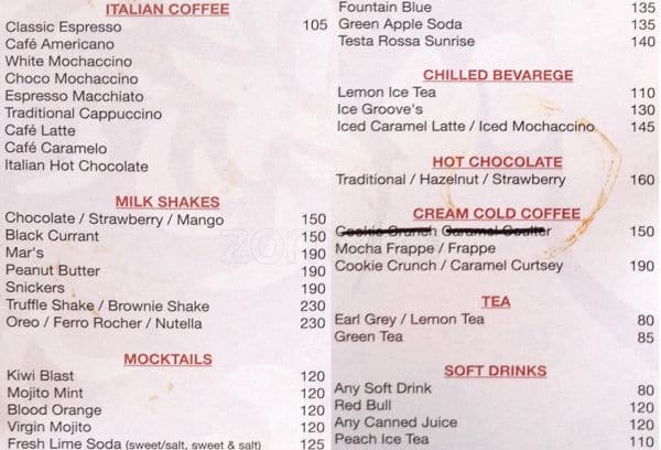 Menu at Testa Rossa, Hyderabad, Shop No