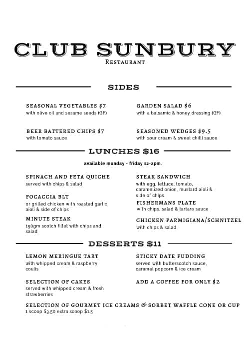 Menu at Club Sunbury, Sunbury, 49 Riddell Rd