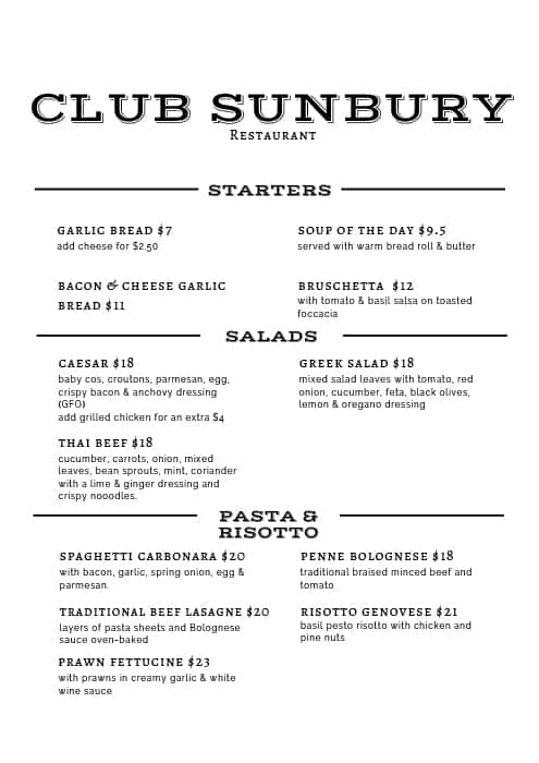 Menu at Club Sunbury, Sunbury, 49 Riddell Rd