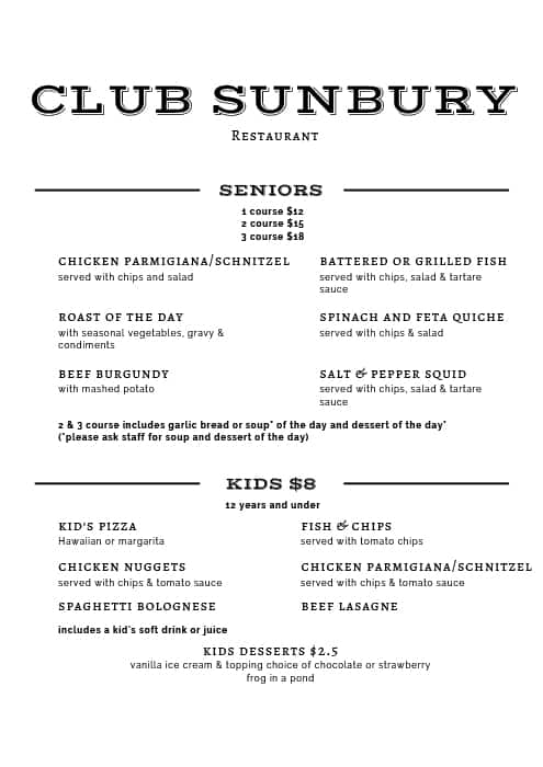 Menu at Club Sunbury, Sunbury, 49 Riddell Rd