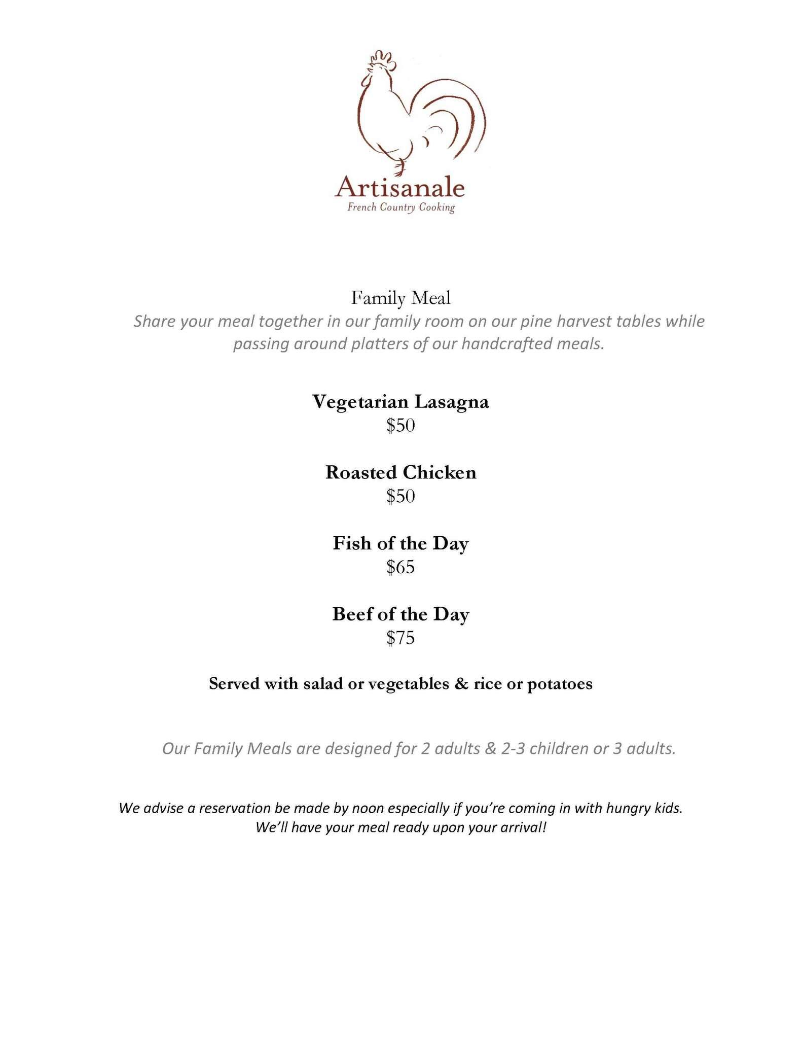 Menu at Artisanale restaurant, Guelph