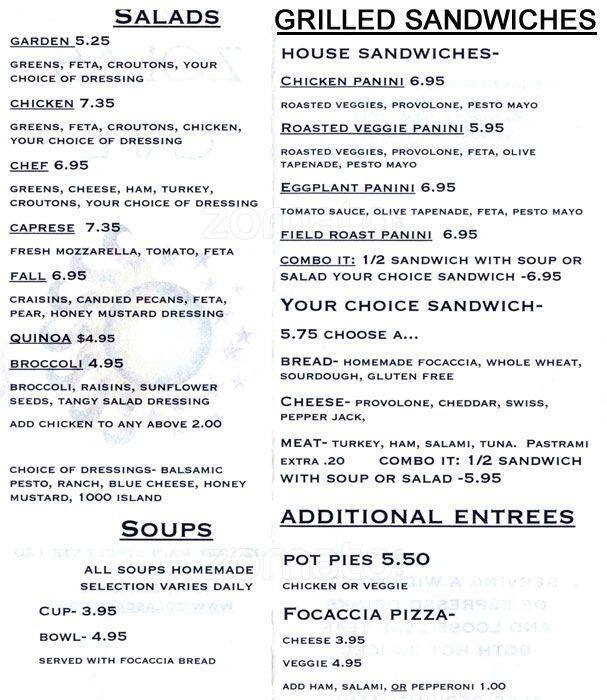 Menu at Zola's Cafe, Auburn