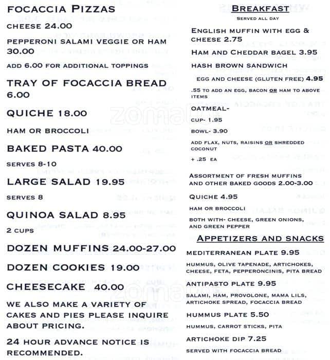 Menu at Zola's Cafe, Auburn