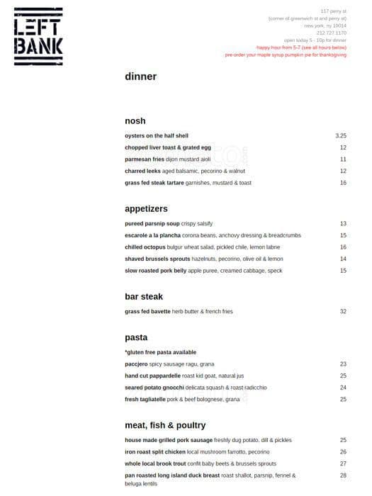 Left Bank Menu, Menu for Left Bank, Greenwich Village, New York City ...