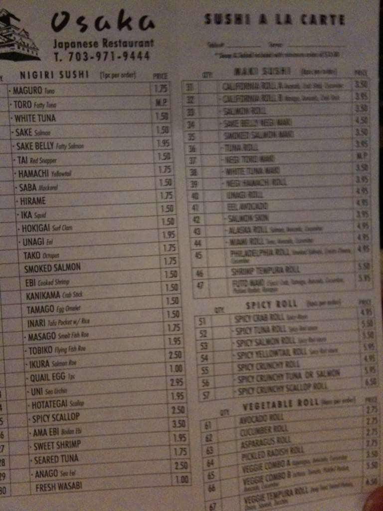 Carta de Osaka Restaurant, Springfield, -L