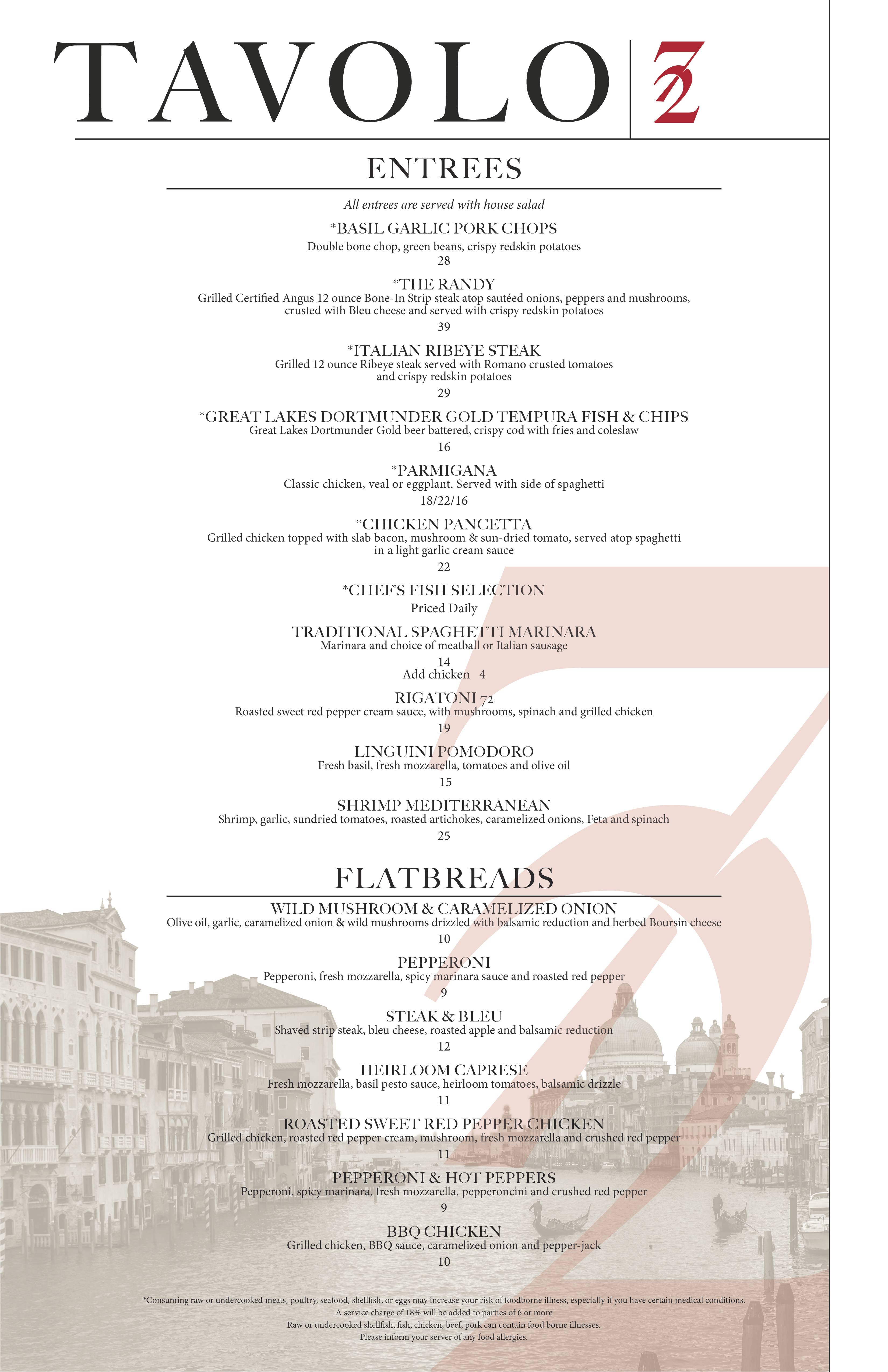 Menu at Tavolo 72 restaurant, Middleburg Heights
