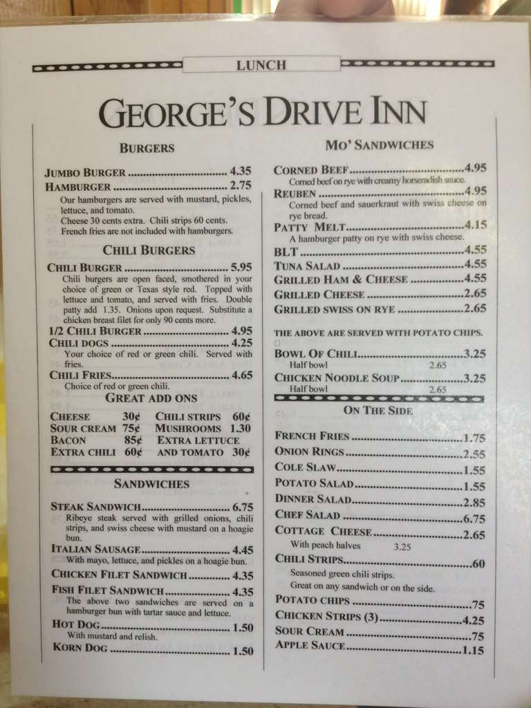 Menu at George's Drive Inn restaurant, Walsenburg