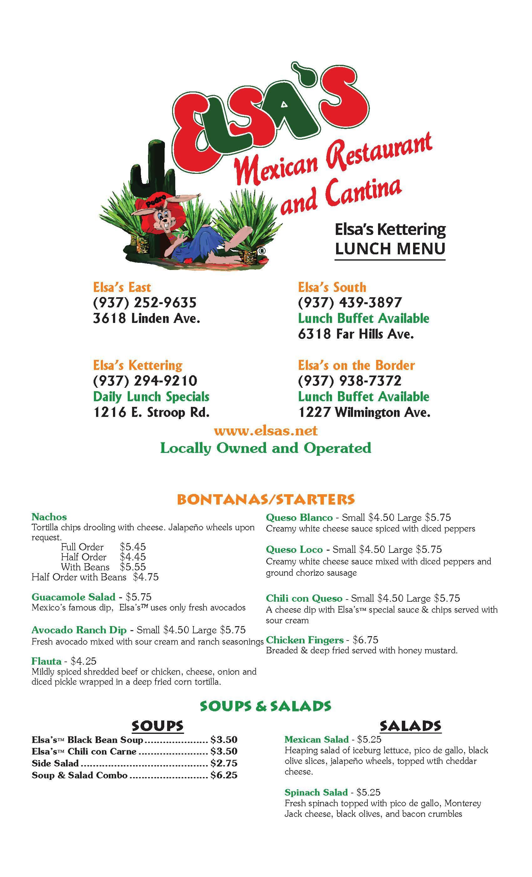 Menu at Elsa's Mexican Restaurant, Dayton, Far Hills Ave