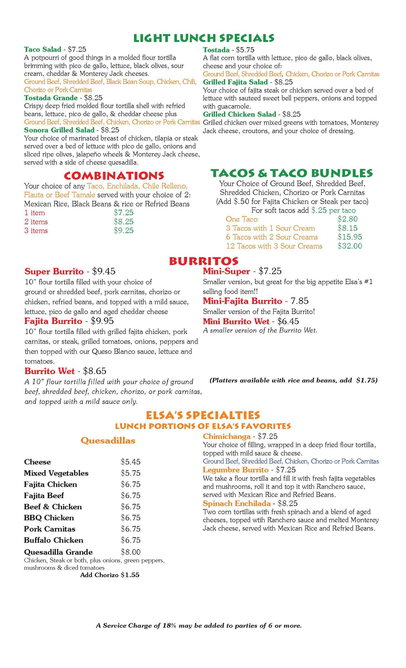 Menu at Elsa's Mexican Restaurant, Dayton, Far Hills Ave