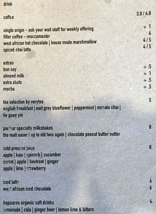 Menu at Parlour Coffee cafe, Burleigh Heads