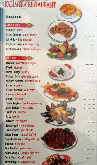Menu at Kalimera Restaurant, Istanbul